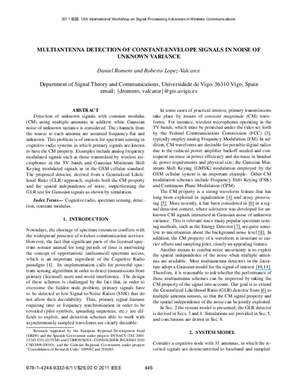 Pdf Multiantenna Detection Of Constant Envelope Signals In Noise Of Unknown Variance Daniel