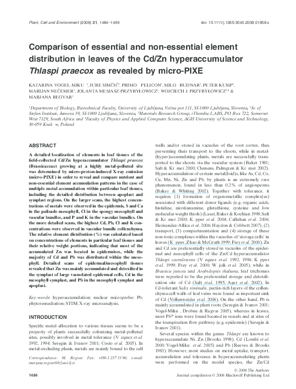 (PDF) Comparison of essential and non-essential element distribution in leaves of the Cd/Zn ...