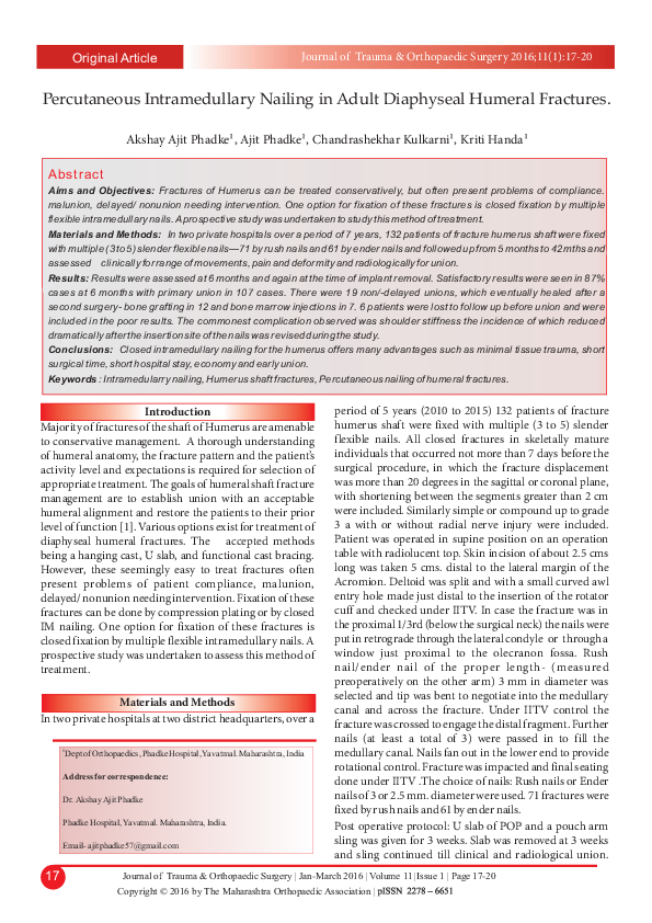 (PDF) Percutaneous Intramedullary Nailing in Adult Diaphyseal Humeral Fractures