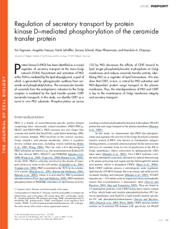 (PDF) Regulation of secretory transport by protein kinase D mediated phosphorylation of the ...