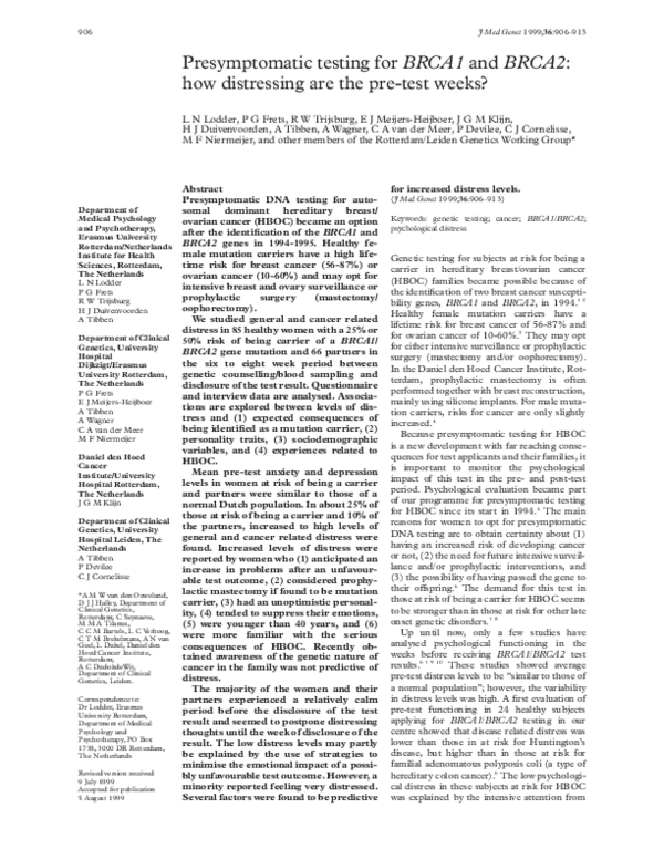 (PDF) Presymptomatic testing for BRCA1 and BRCA2: how distressing are ...