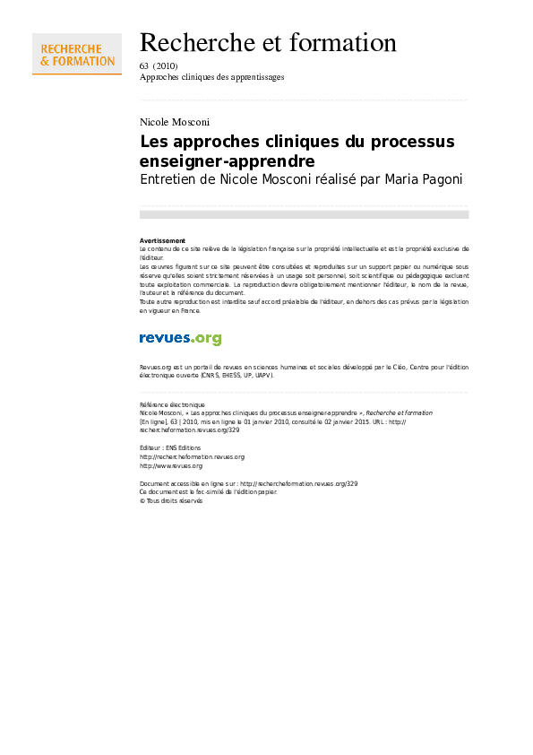 (PDF) Les approches cliniques du processus enseigner-apprendre ...