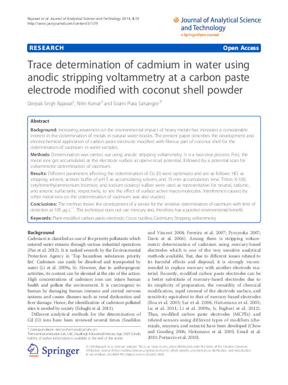 Pdf Trace Determination Of Cadmium In Water Using Anodic Stripping