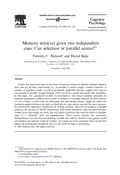 (PDF) Memory retrieval given two independent cues: Cue selection or ...