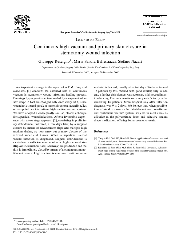 (PDF) Continuous high vacuum and primary skin closure in sternotomy ...