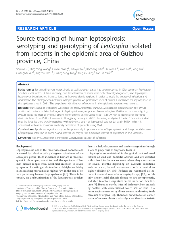 (PDF) Source tracking of human leptospirosis: serotyping and genotyping ...