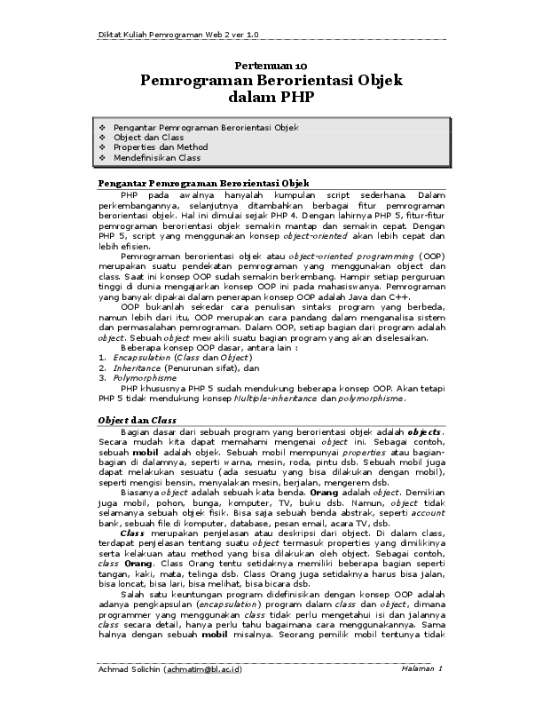 (PDF) Pemrograman Berorientasi Objek dalam PHP