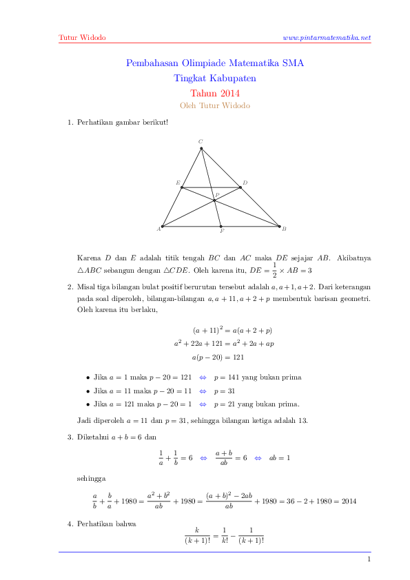 (PDF) Pembahasan Olimpiade Matematika SMA Tingkat Kabupaten Tahun 2014
