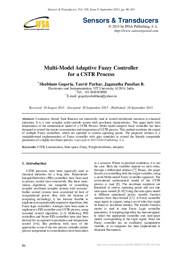 (PDF) Multi-Model Adaptive Fuzzy Controller for a CSTR Process