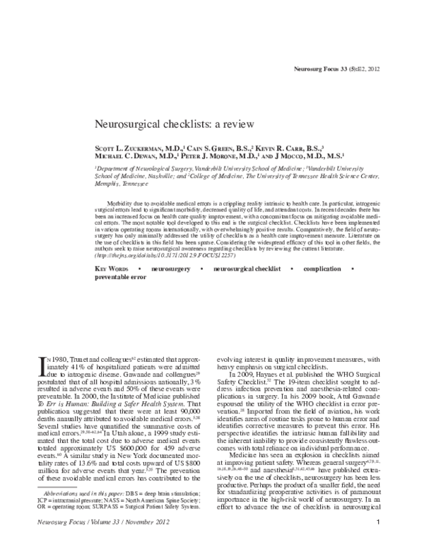 (PDF) Neurosurgical checklists: a review