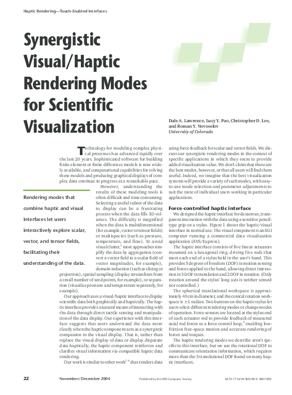 (PDF) Synergistic visual/haptic rendering modes for scientific visualization