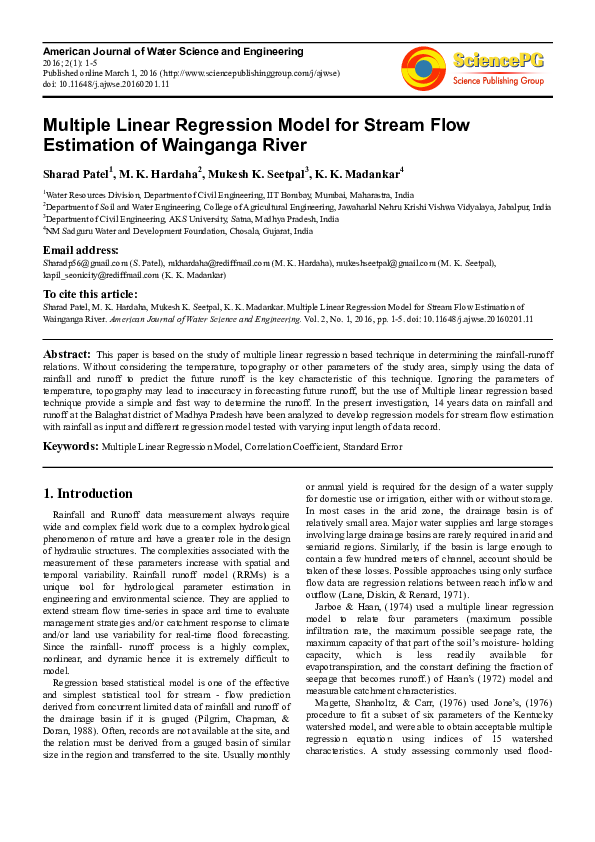 Pdf Multiple Linear Regression Model For Stream Flow Estimation Of