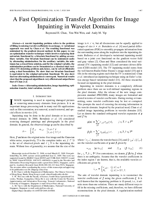 (PDF) A Fast Optimization Transfer Algorithm for Image Inpainting in ...