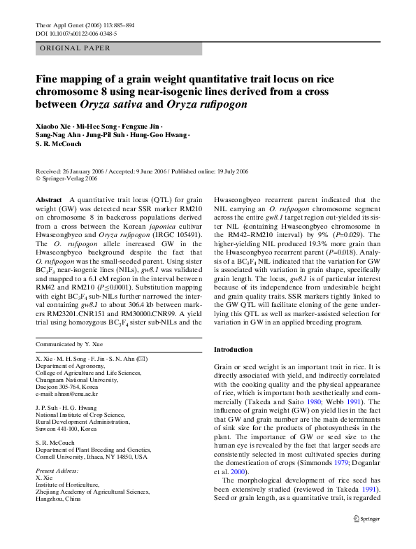 (PDF) Fine mapping of a grain weight quantitative trait locus on rice chromosome 8 using near ...