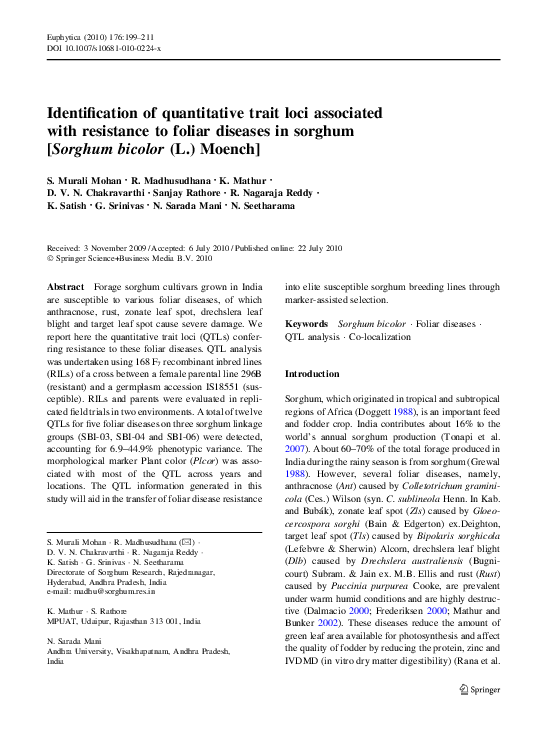 Pdf Identification Of Quantitative Trait Loci Associated With Resistance To Foliar Diseases In