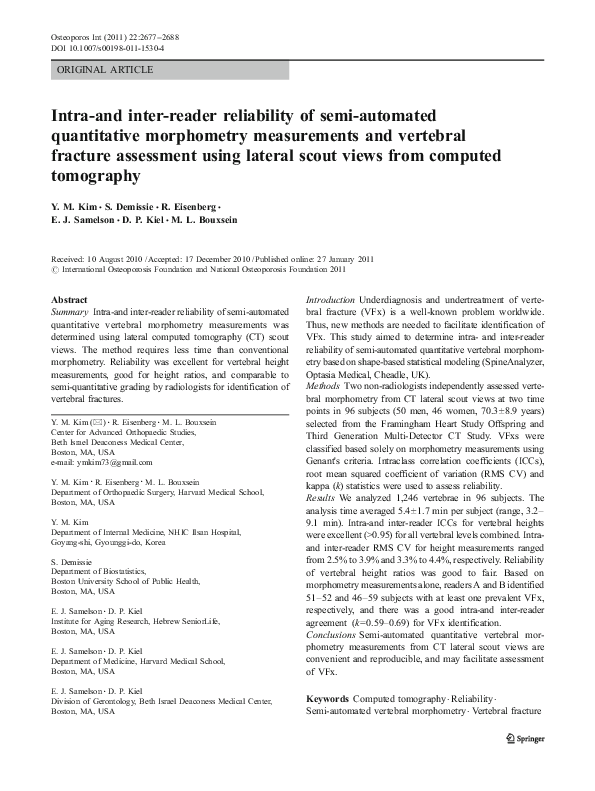 Pdf Intra And Inter Reader Reliability Of Semi Automated Quantitative Morphometry Measurements
