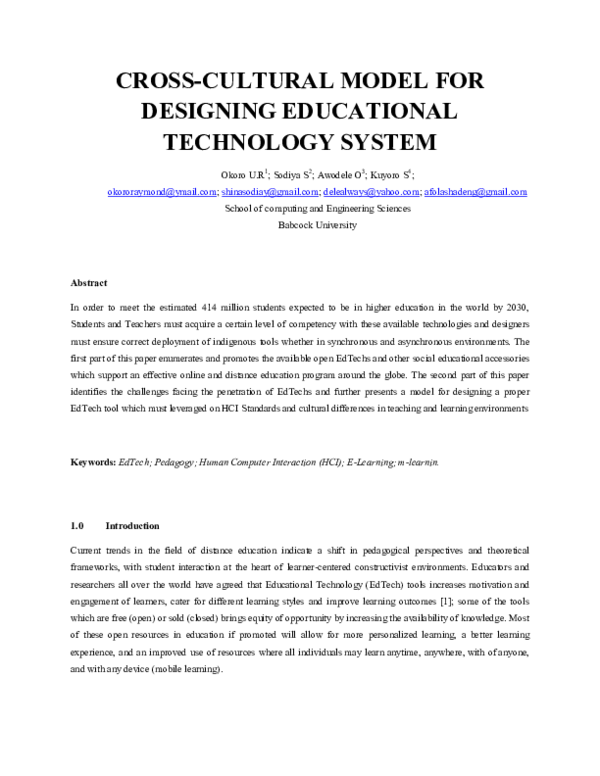(PDF) CROSS-CULTURAL MODEL FOR DESIGNING EDUCATIONAL TECHNOLOGY SYSTEM