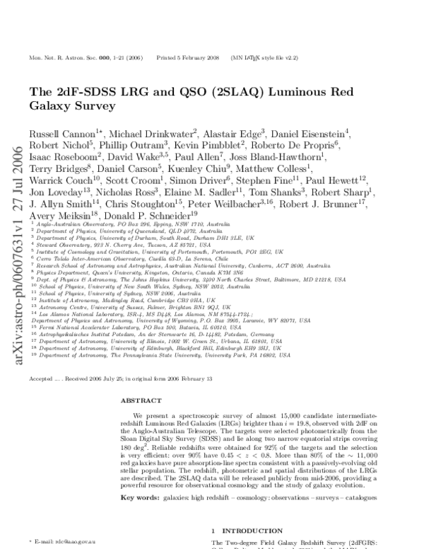 (PDF) The 2dF-SDSS LRG and QSO (2SLAQ) Luminous Red Galaxy Survey