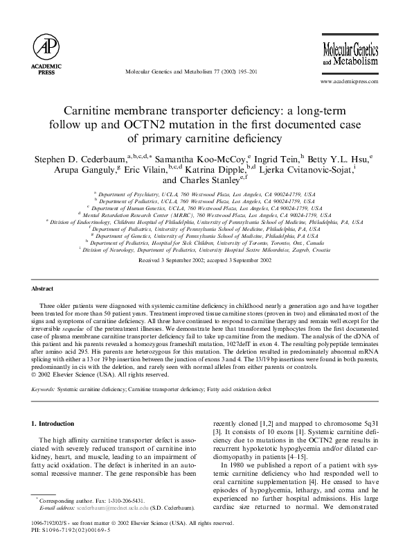 (PDF) Carnitine membrane transporter deficiency: a long-term follow up ...