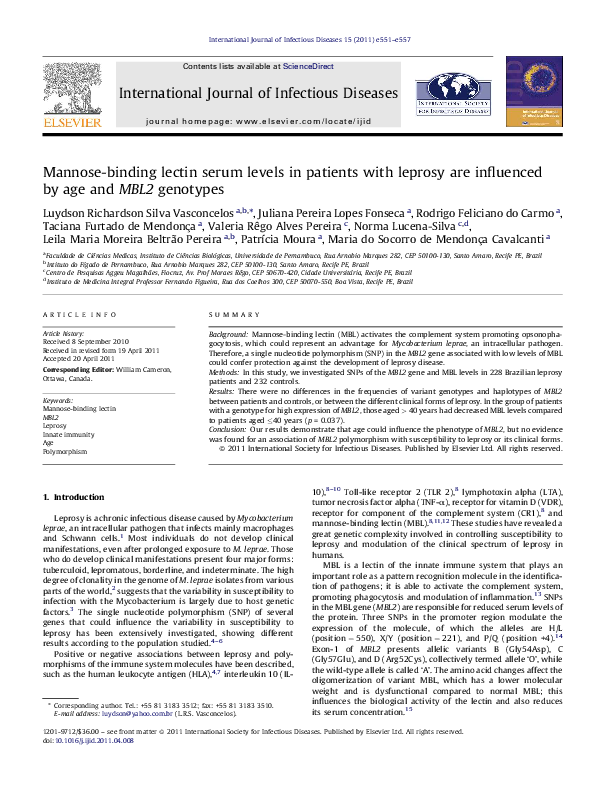 Pdf Mannose Binding Lectin Serum Levels In Patients With Leprosy Are Influenced By Age And