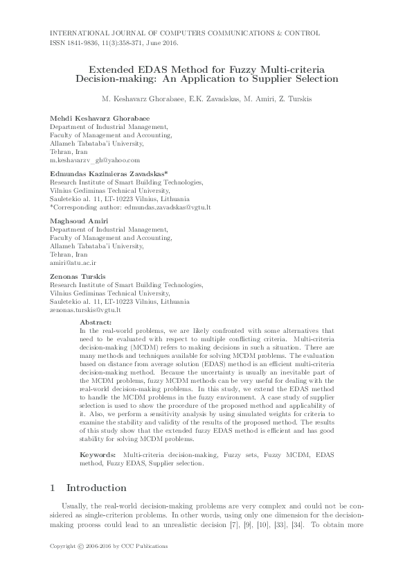 (PDF) Extended EDAS Method for Fuzzy Multi-criteria Decision-making: An Application to Supplier ...