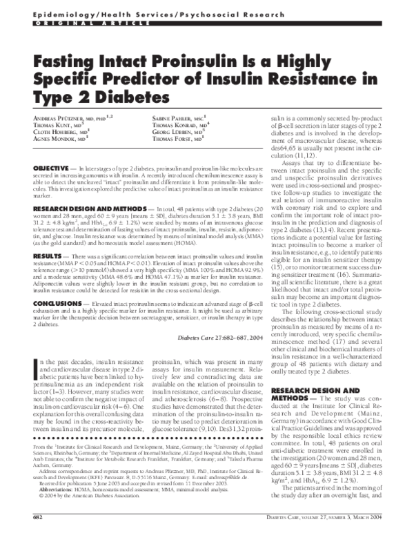 (PDF) Fasting Intact Proinsulin Is a Highly Specific Predictor of Insulin Resistance in Type 2 ...