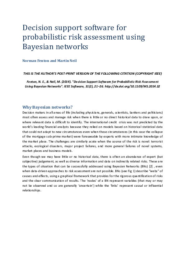 (PDF) Decision Support Software for Probabilistic Risk Assessment Using Bayesian Networks