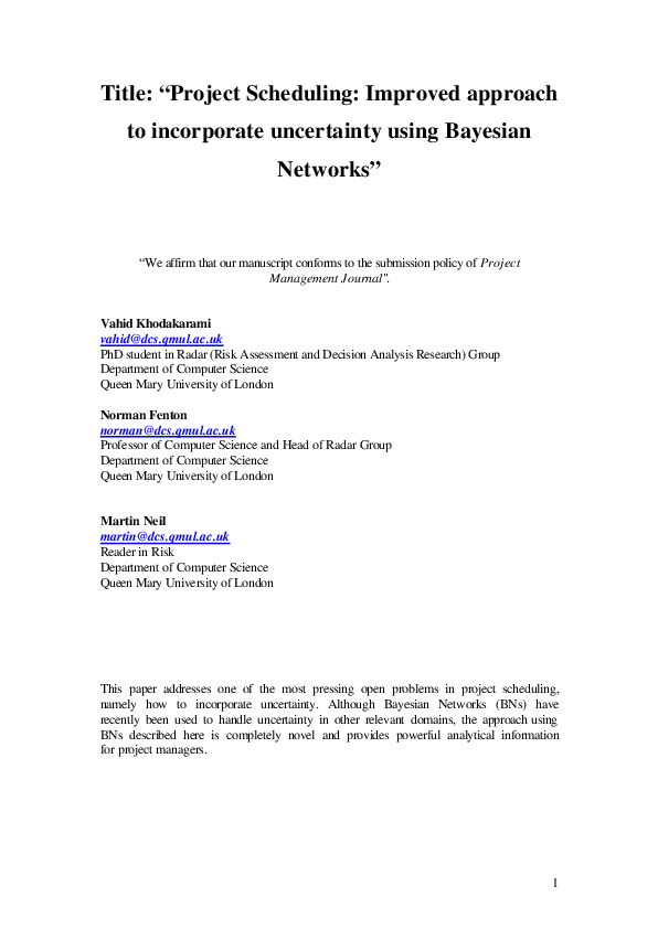 (PDF) Project Scheduling: Improved approach to incorporate uncertainty using Bayesian Networks