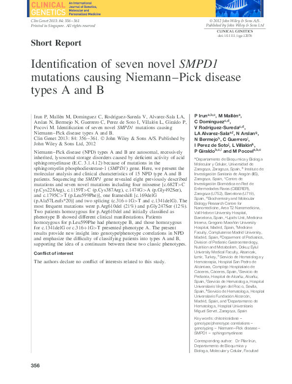 (PDF) Identification of seven novel SMPD1 mutations causing Niemann ...