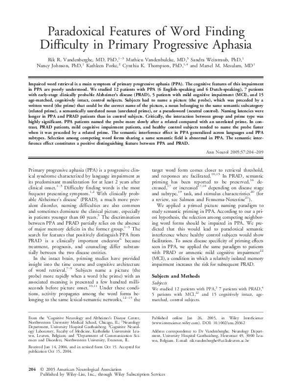 (PDF) Paradoxical features of word finding difficulty in primary ...