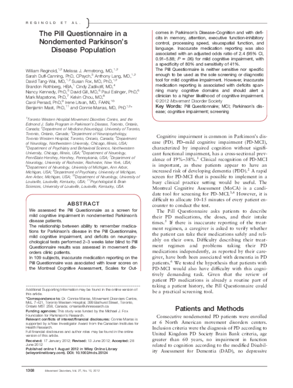 (PDF) The pill questionnaire in a nondemented Parkinson's disease ...