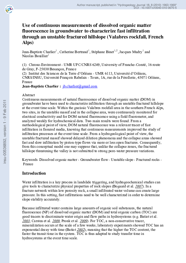 (PDF) Use of continuous measurements of dissolved organic matter fluorescence in groundwater to ...