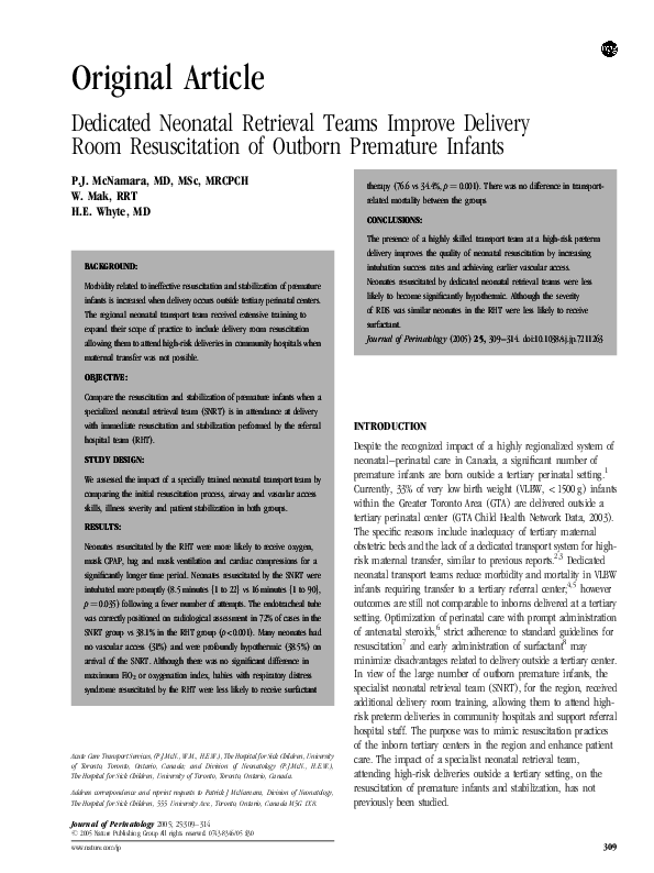 (PDF) Dedicated Neonatal Retrieval Teams Improve Delivery Room ...