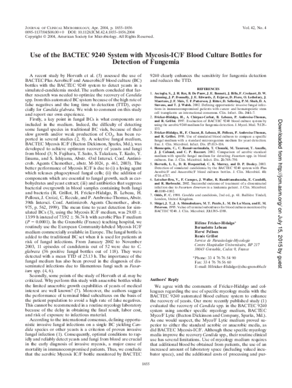 (PDF) Use of the BACTEC 9240 System with Mycosis-IC/F Blood Culture ...