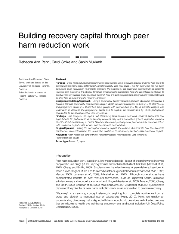 (PDF) Building recovery capital through peer harm reduction work