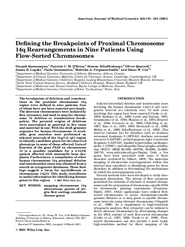 (PDF) Defining the breakpoints of proximal chromosome 14q rearrangements in nine patients using ...