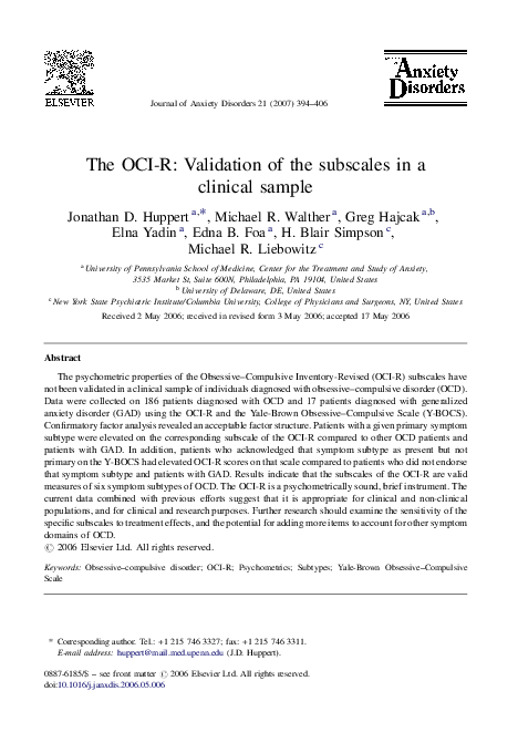 (PDF) The OCI-R: Validation of the subscales in a clinical sample