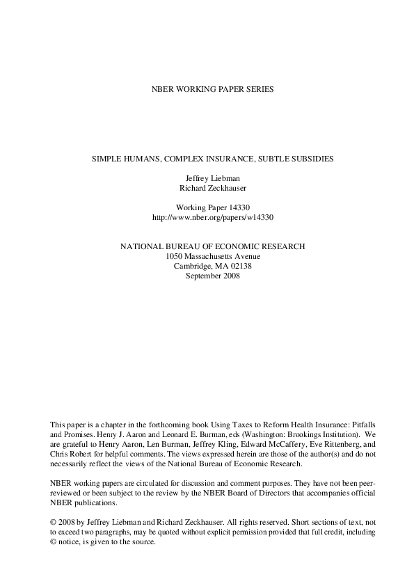 (PDF) Simple Humans, Complex Insurance, Subtle Subsidies