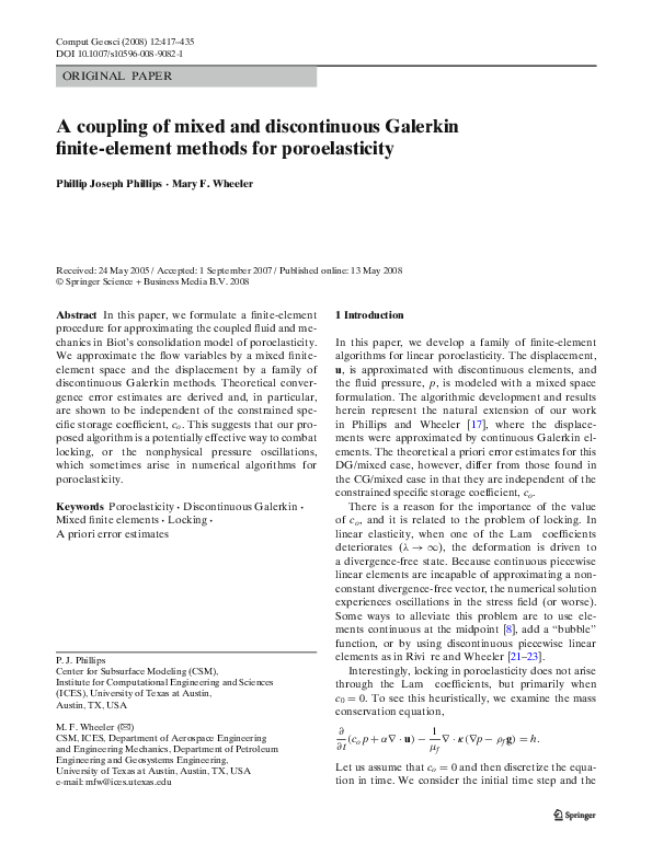 (PDF) A coupling of mixed and discontinuous Galerkin finite-element methods for poroelasticity
