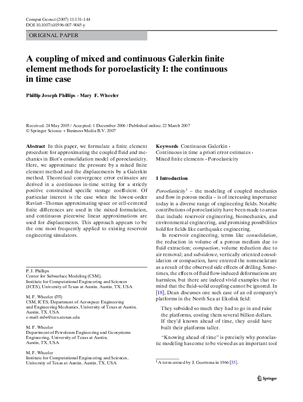 Pdf A Coupling Of Mixed And Continuous Galerkin Finite Element Methods For Poroelasticity I
