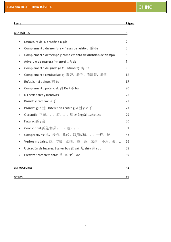 (PDF) GRAMATICA CHINA BÁSICA CHINO Tema Página GRAMÁTICA 1