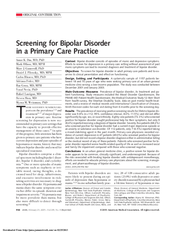 (PDF) Screening for Bipolar Disorder in a Primary Care Practice