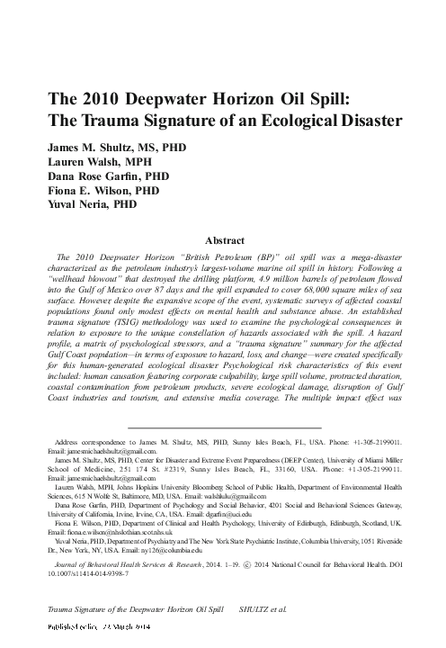 (PDF) The 2010 Deepwater Horizon Oil Spill: The Trauma Signature of an ...