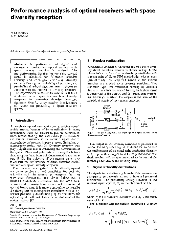 (PDF) Performance analysis of optical receivers with space diversity reception