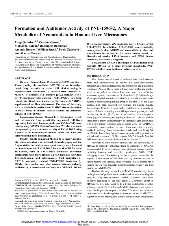 (PDF) Formation and Antitumor Activity of PNU-159682, A Major ...