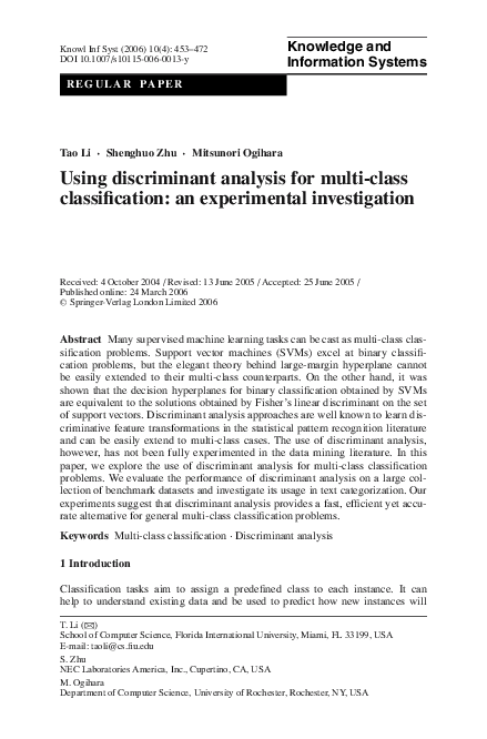 (PDF) Using discriminant analysis for multi-class classification: an experimental investigation