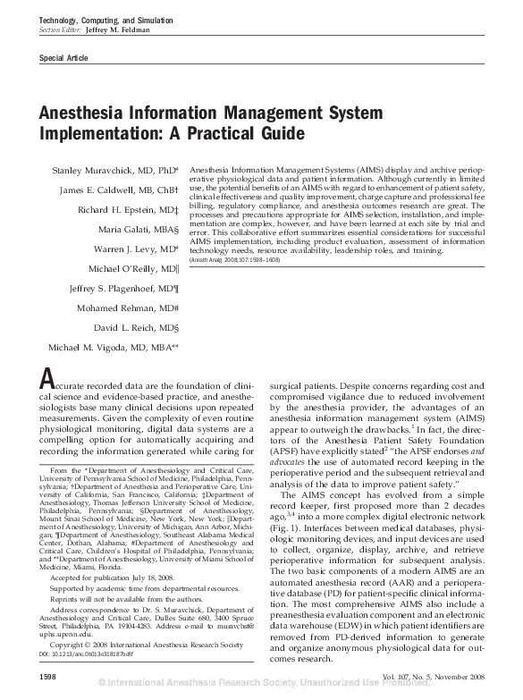 (PDF) Anesthesia Information Management System Implementation: A ...