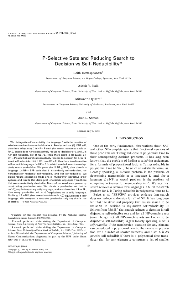 (PDF) P-Selective Sets and Reducing Search to Decision vs Self-Reducibility