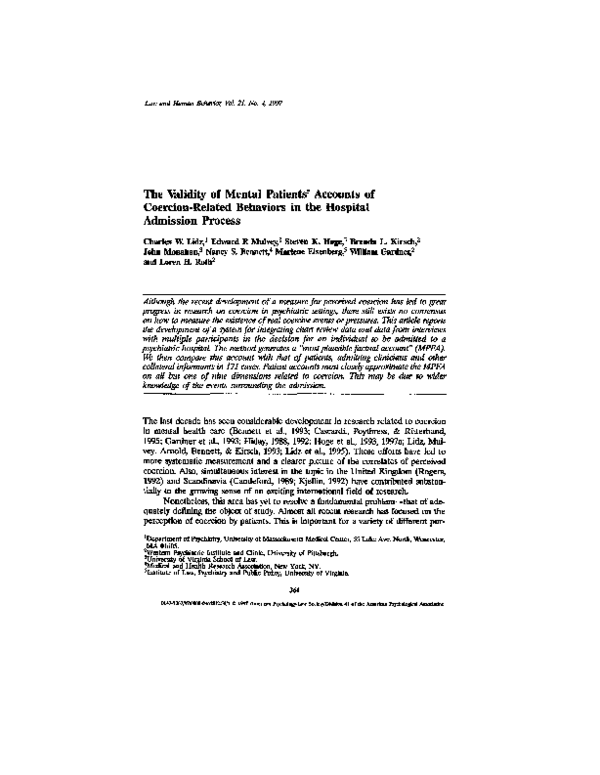 (PDF) The validity of mental patients' accounts of coercion-related behaviors in the hospital ...