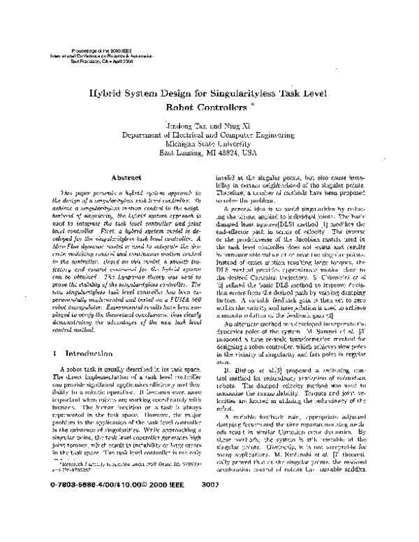 (PDF) Hybrid system design for singularityless task level robot controllers